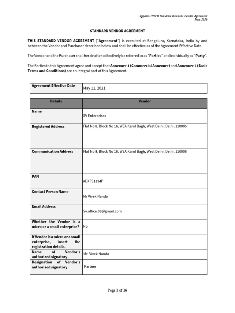 SV Enterprises - Appario Domestic Vendor Agreement - 3 Signed | PDF | Arbitration | Indemnity