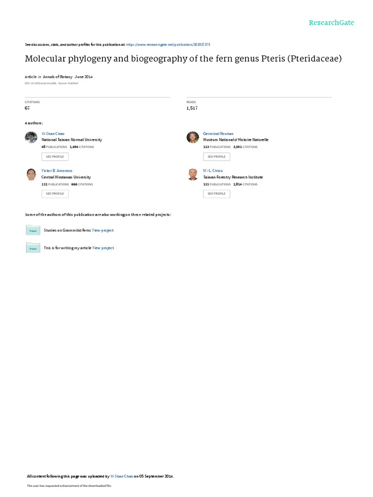 Molecular Phylogeny and Biogeography of The Fern Genus Pteris ...