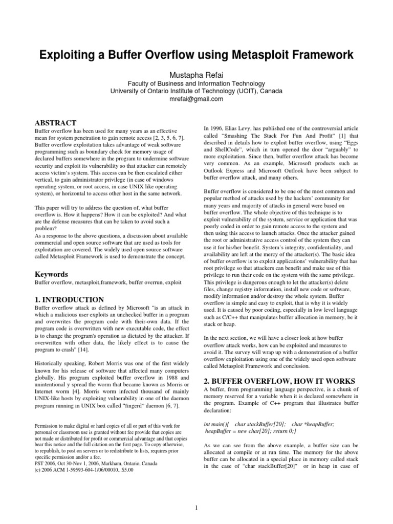 Exploiting A Buffer Overflow Using Metasploit Framework 15014341501521 Pdf 8806