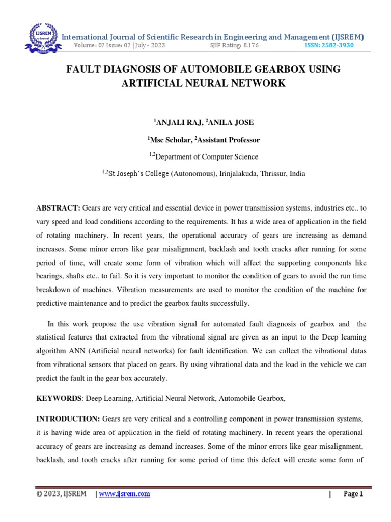 Fault Diagnosis of Automobile Gearbox Using Artificial Neural Network | PDF