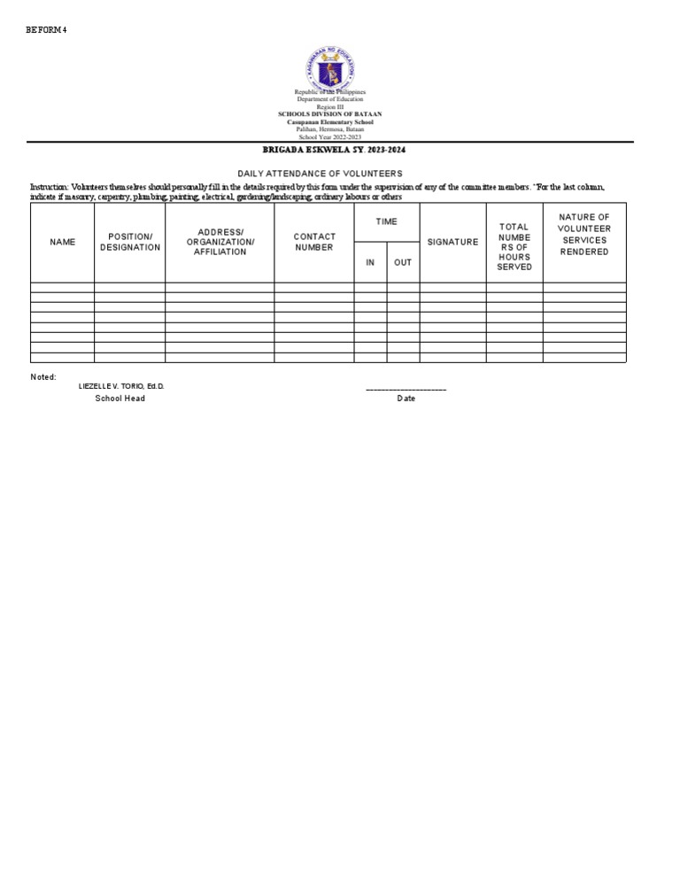 BS-Form 4 - Daily Attendance of Volunteer | PDF