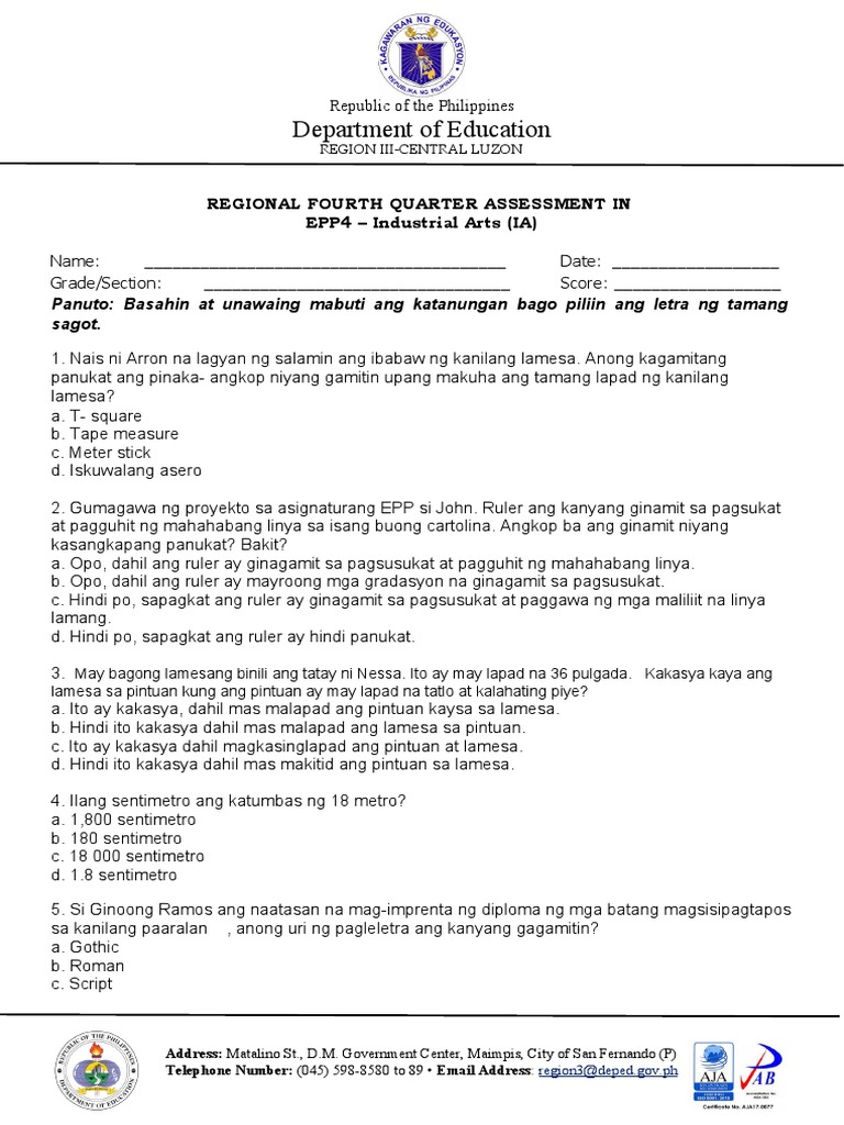 4th Quarter Assessment EPP4 IA | PDF