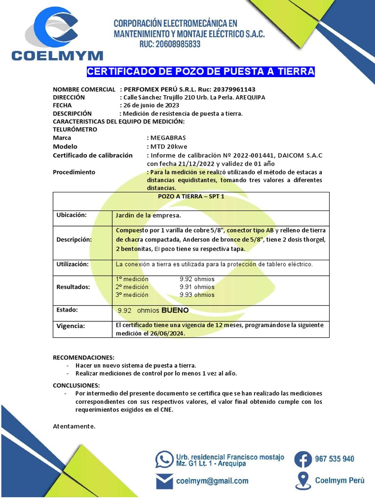 Certificado de Puesta a Tierra - Perfomex | PDF