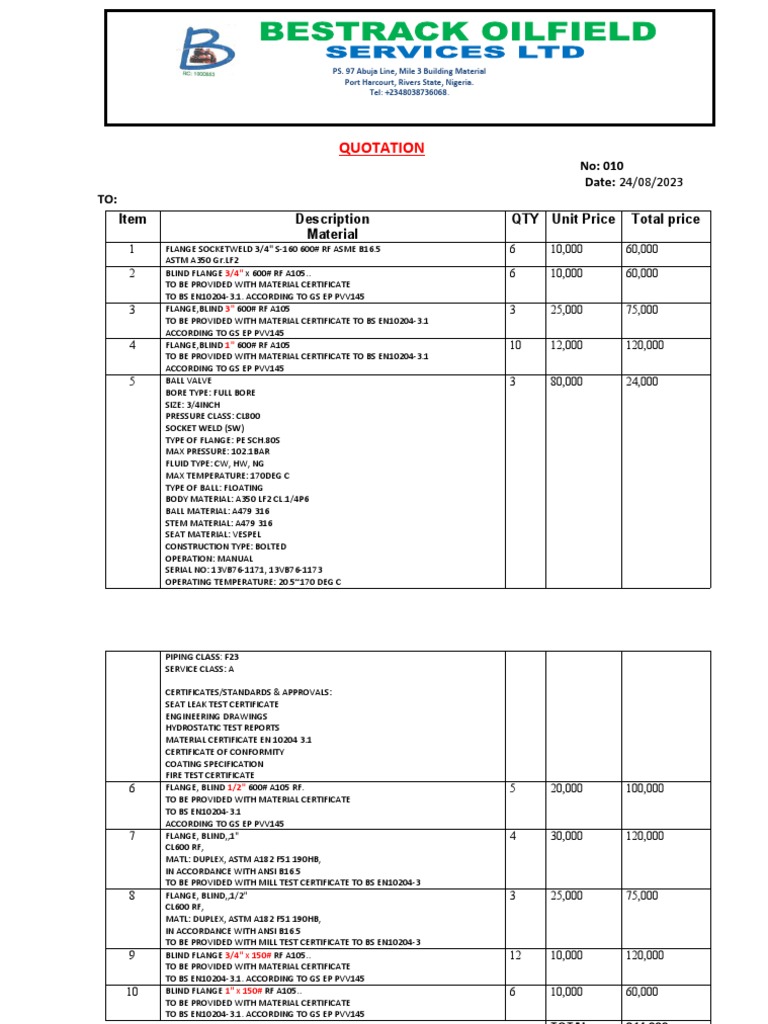2 QUOTATION 24 August Englobal | PDF | Industrial Processes | Equipment