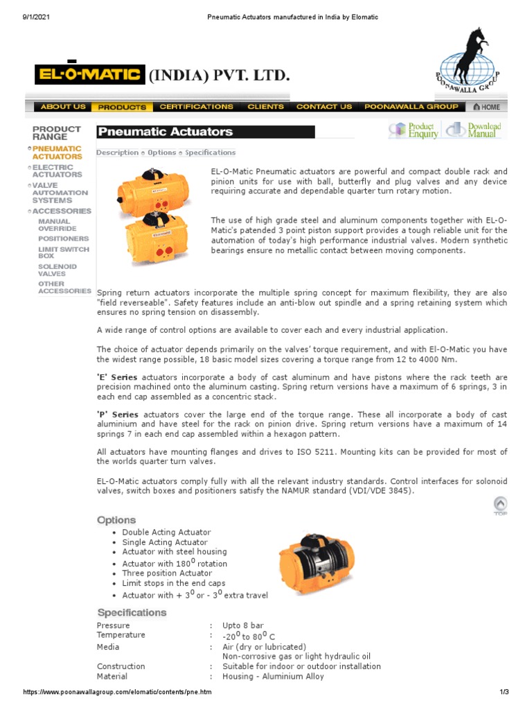 Pneumatic Actuators Manufactured in India by Elomatic | PDF | Actuator ...
