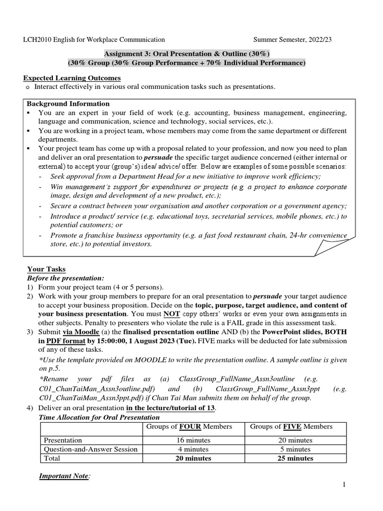 LCH2010 Assignment 3 Oral Presentation Guidelines - 2223s3 (Finalised) | PDF | Communication ...