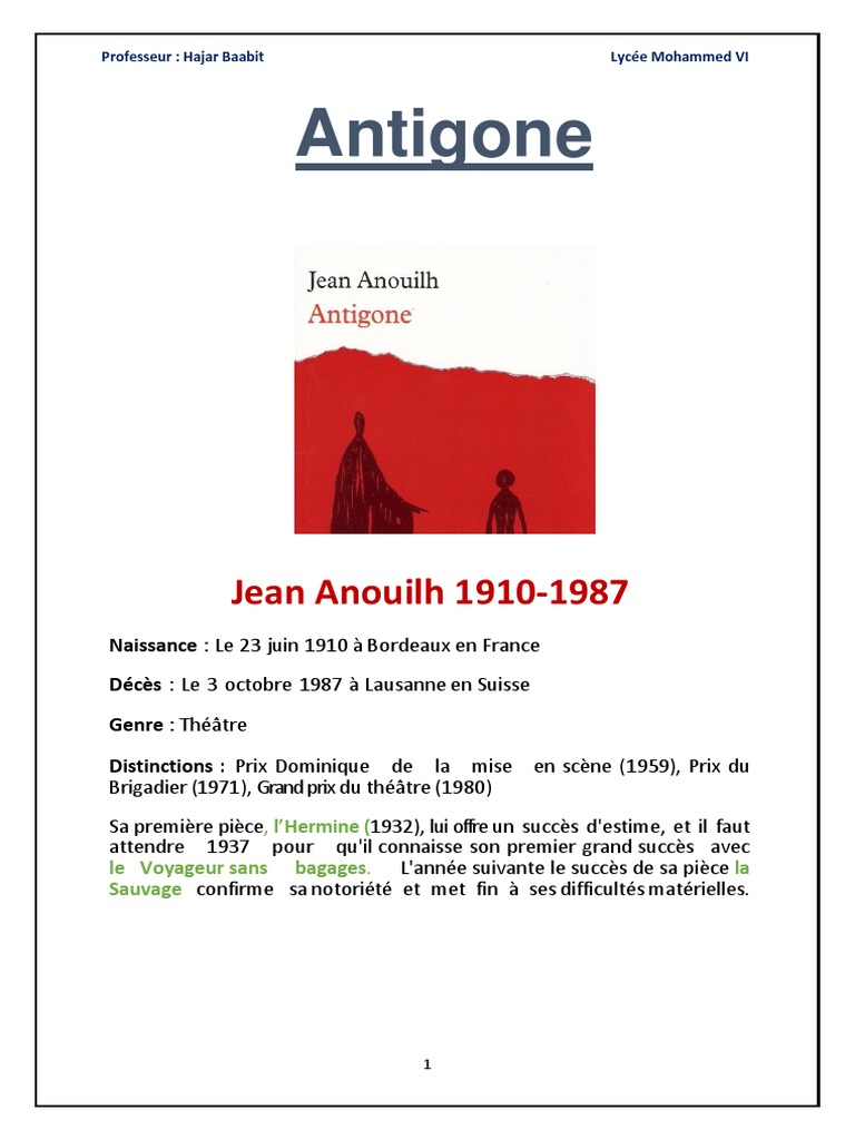 Antigone de Jean Anouilh : Tragédie Moderne | PDF | Œdipe | Mythologie ...