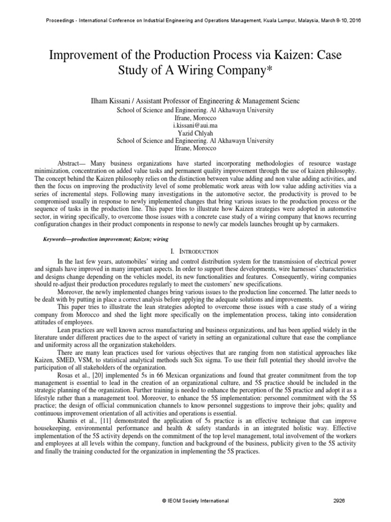 Improvement of The Production Process Via Kaizen: Case Study of A ...