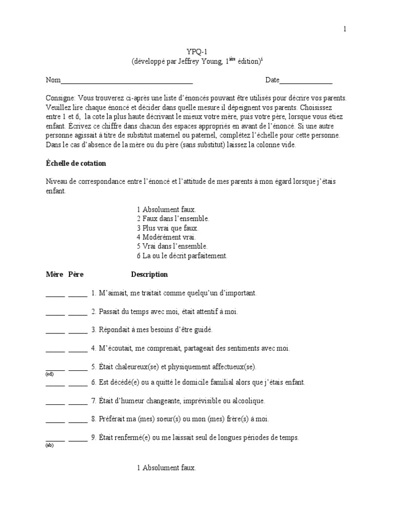 Young QUESTIONNAIRE SUR LES PARENTS | PDF