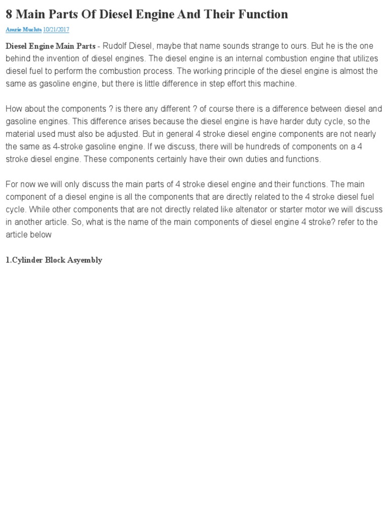 8 Main Parts of Diesel Engine and Their Function | PDF | Piston ...