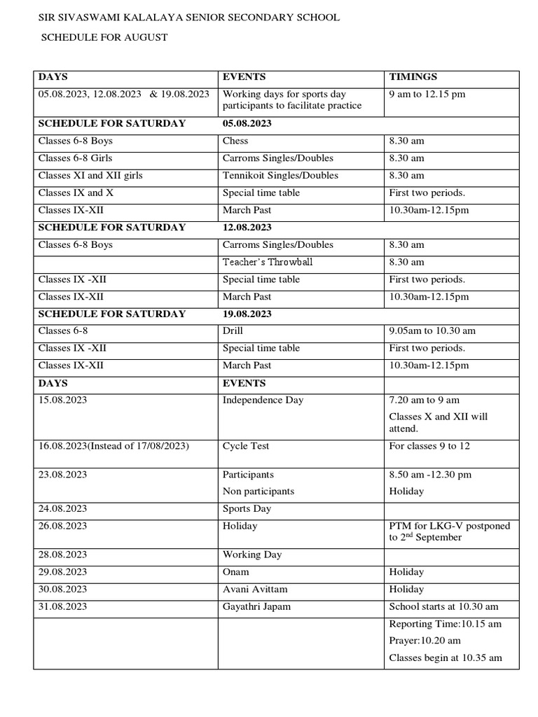 August Schedule 2023 | PDF