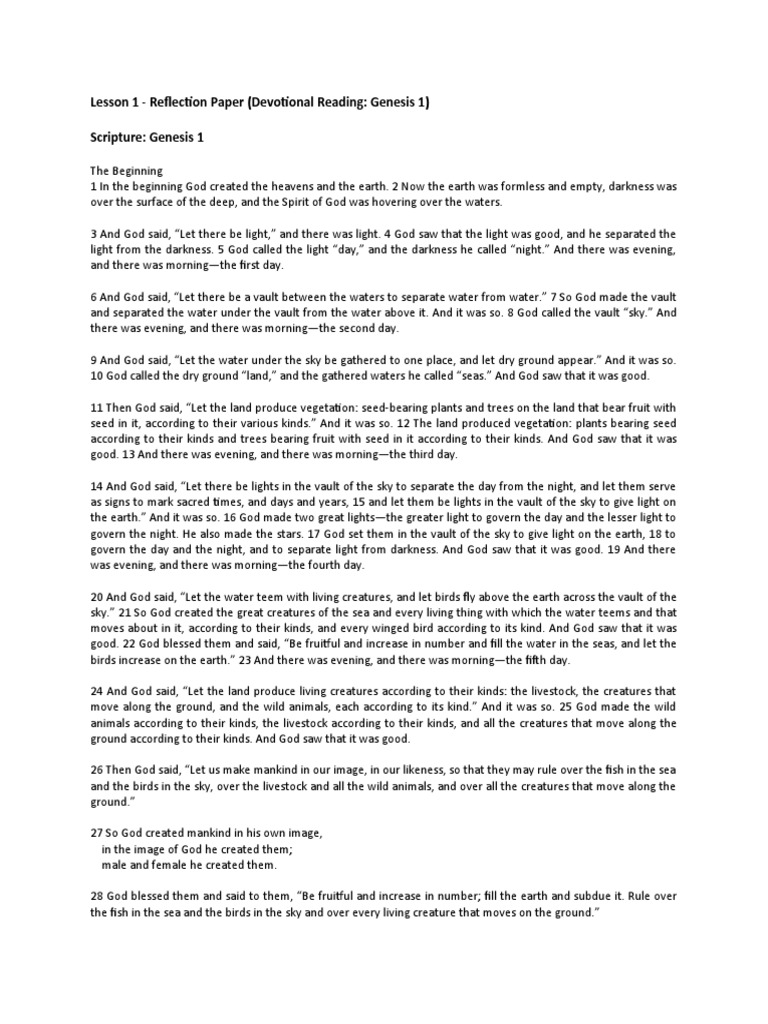 Reflection Paper - Devotional Reading - Genesis 1 | PDF | Genesis ...