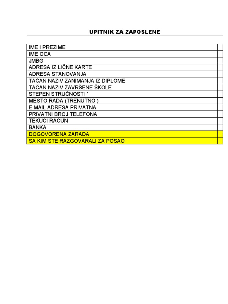 Upitnik Za Zaposlene | PDF
