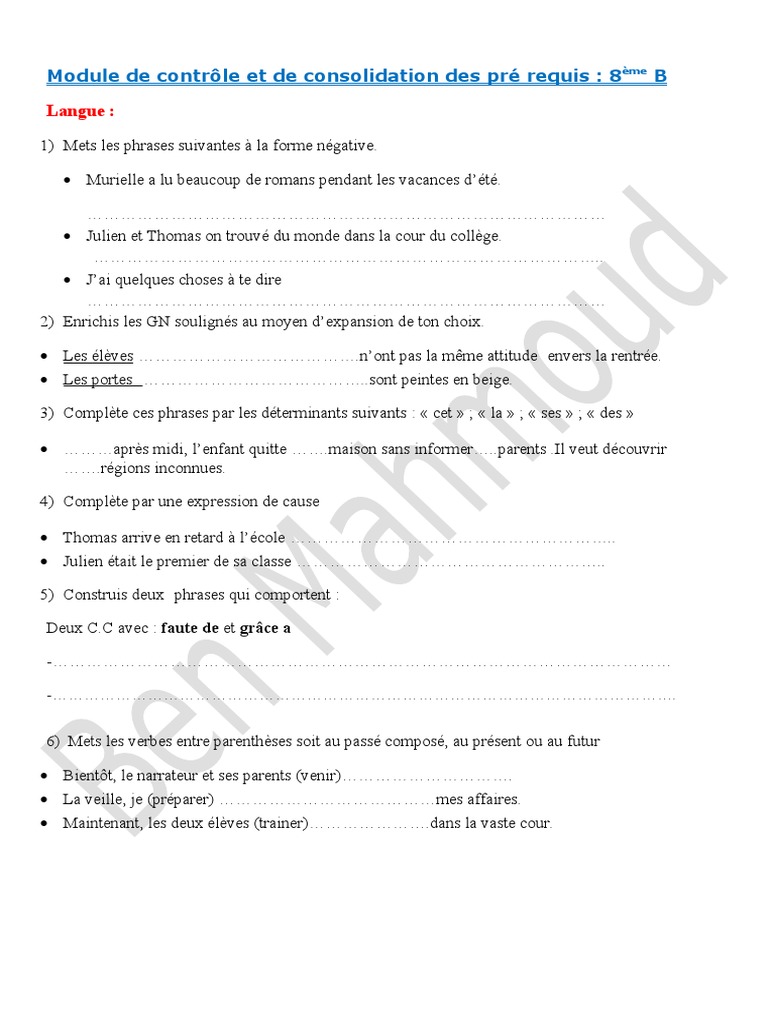 Module de Contrôle Et de Consolidation Des Pré Requis. 8ème | PDF | Méthodes et références ...
