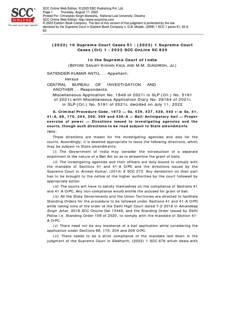 Satender Kumar Antil v. CBI, (2022) 10 SCC 51 | Download Free PDF ...
