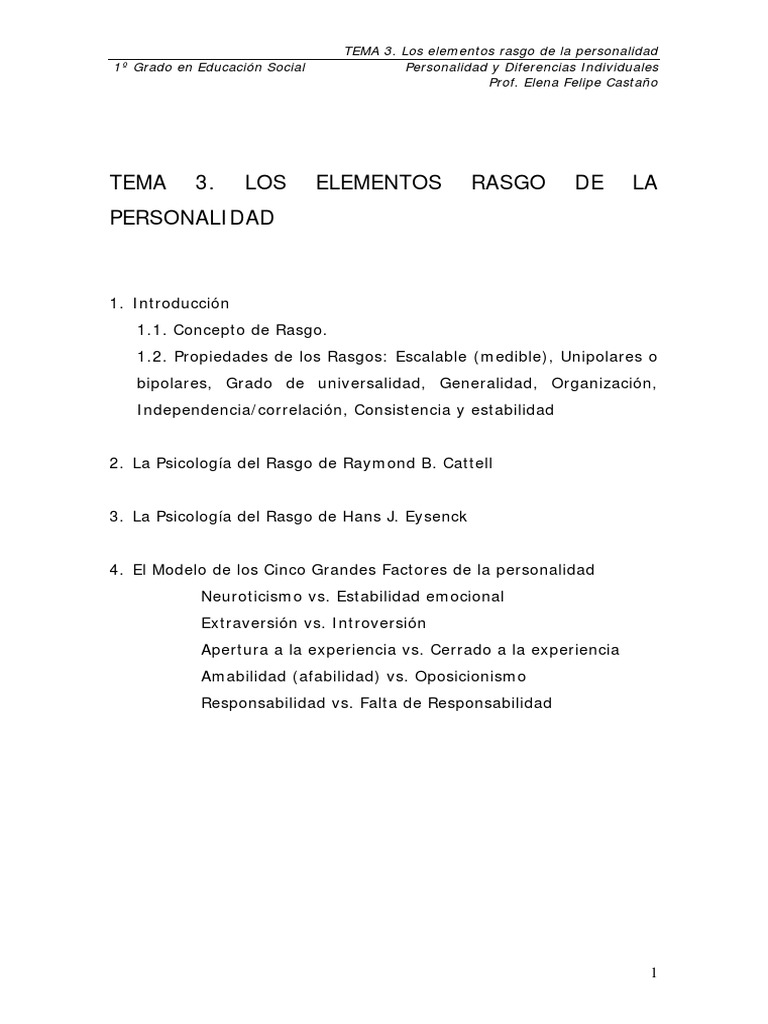 Tema 3 Elementos Rasgo de La Personalidad | PDF | Teorías psicologicas ...