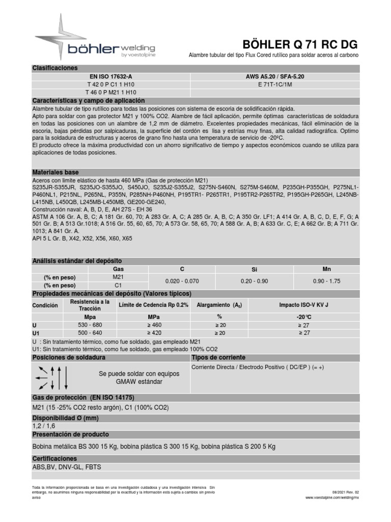 31 - Ficha Técnica, FCAW, BÖHLER Q 71 RC DG - AE - 08-09-2021 (Español ...