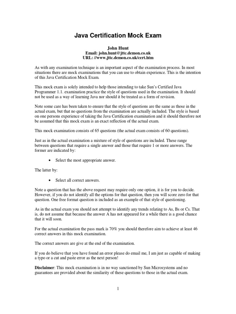 Scjp Exam Java Certification Mock Exam Pdf Class Computer Programming Method Computer