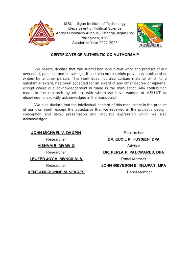 THESIS - Approval Co Authorship | PDF