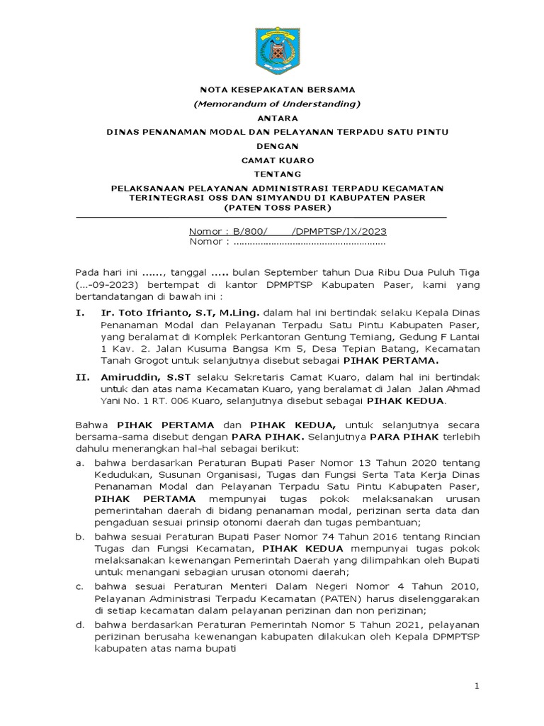 Mou DPMTSP Camat Kuaro | PDF