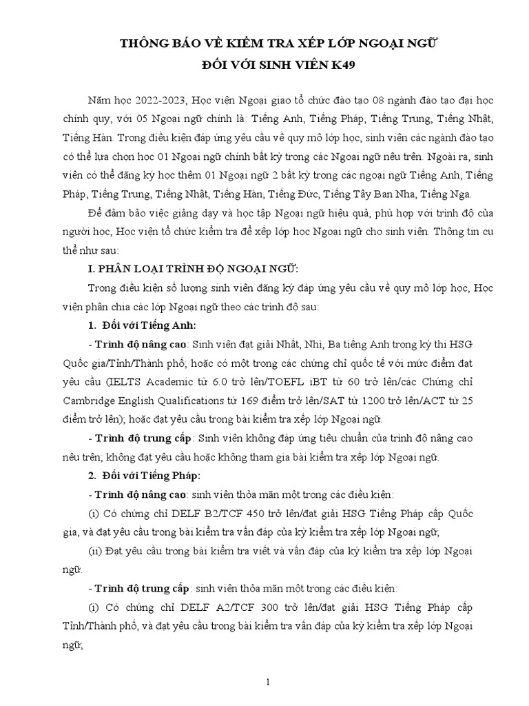 Thong Bao Ve Kiem Tra Xep Lop NN k49 | PDF