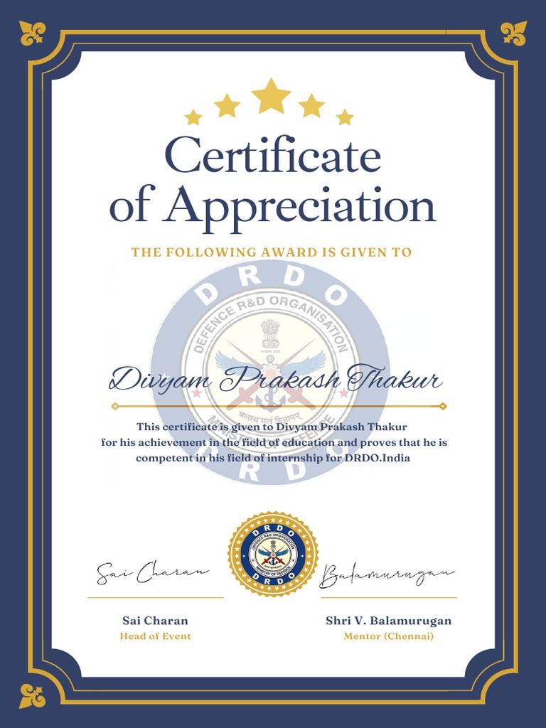DRDO Internship Certificate of Appreciation | PDF | Career & Growth ...