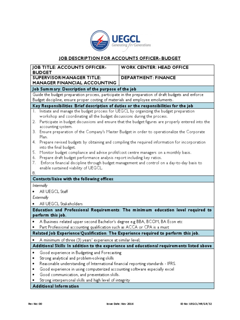 Accounts Officer - Budget Job Description | PDF | Accounting | Budget
