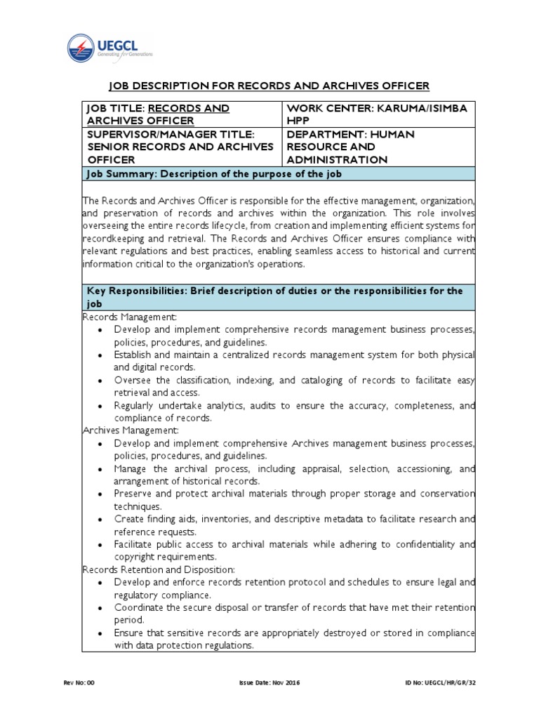 JD Records and Archives Officer | PDF | Records Management | Regulatory ...