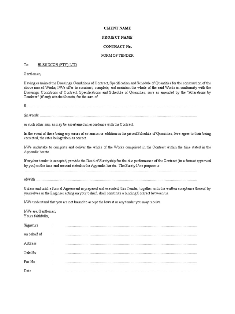 Blendcor - Form of Tender | PDF | Surety | Legal Documents