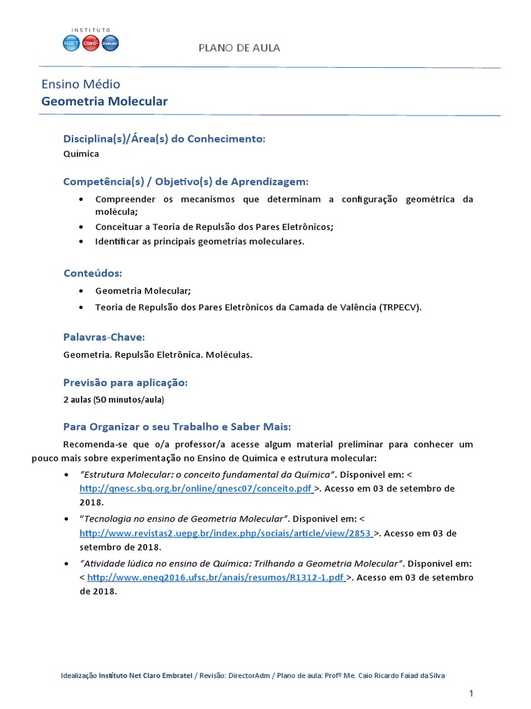 Plano de Aula Geometria Molecular | PDF | Ciências Físicas | Química Plano de Aula Geometria Molecular | PDF | Ciências Físicas | Química