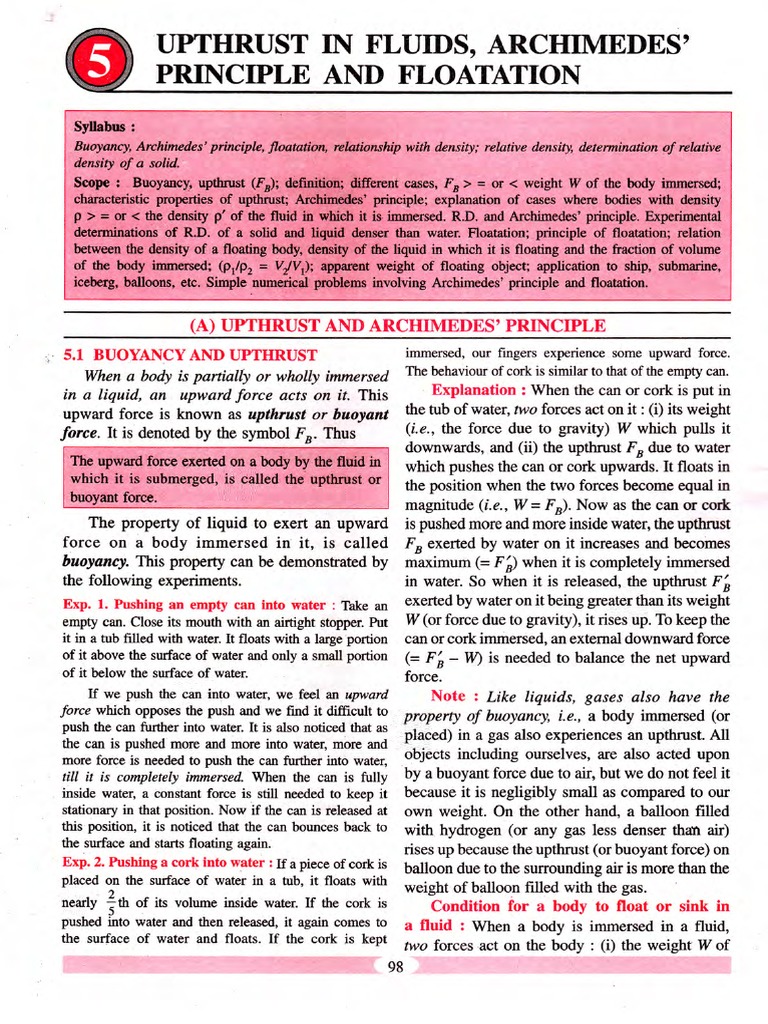 05-Upthrust in Fluids, Archimedes' Principle and Floatation | PDF