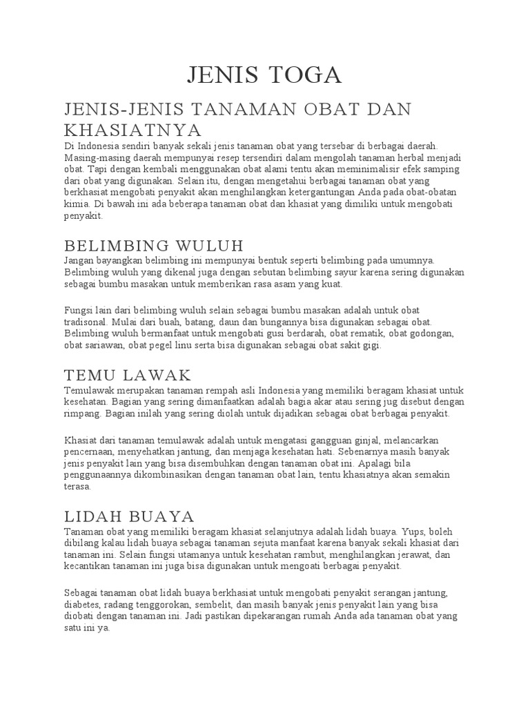 Jenis dan Manfaat Tanaman Toga | PDF