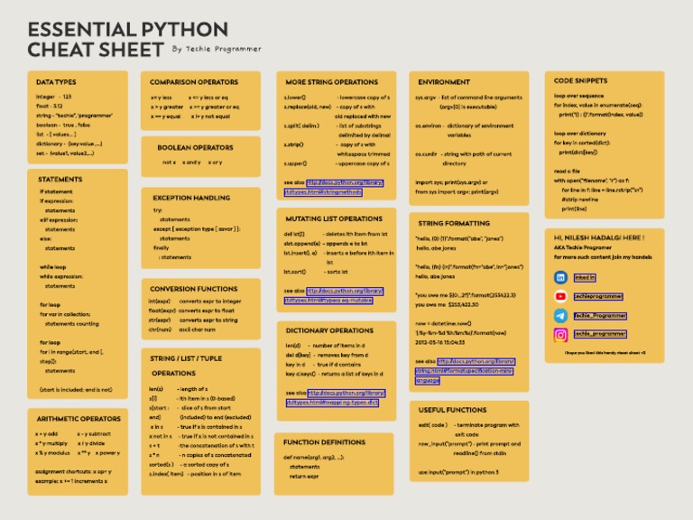 Essential Python Cheat Sheet by Techie Programmer | PDF | Boolean Data ... Essential Python Cheat Sheet by Techie Programmer | PDF | Boolean Data ...
