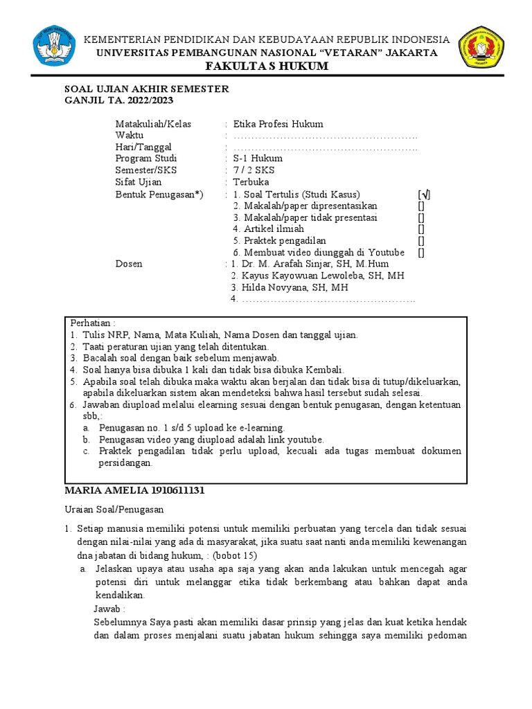 Soal Uas Etika Profesi Hukum Ganjil 2022-2023 | PDF | Hukum