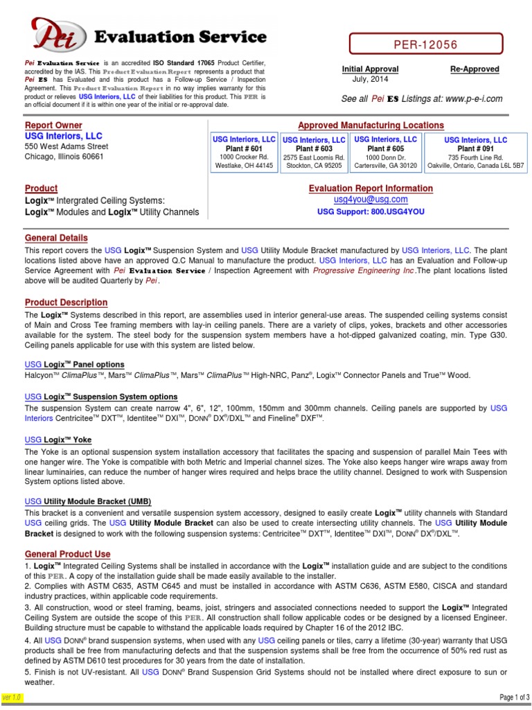 AC02 - Data-Sheet-Usg 96271-Evaluation Report | PDF | Ceiling | Specification (Technical Standard)