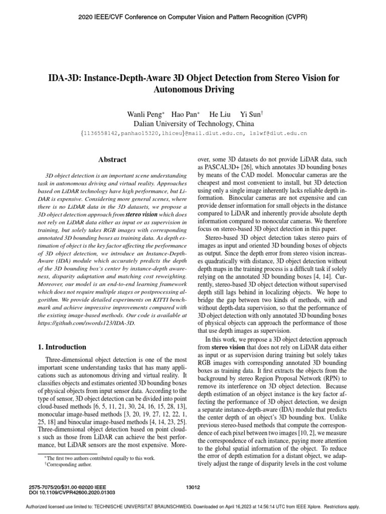 Ida 3d Instance Depthaware 3d Object Detection From Stereo Vision For Autonomous Driving Pdf