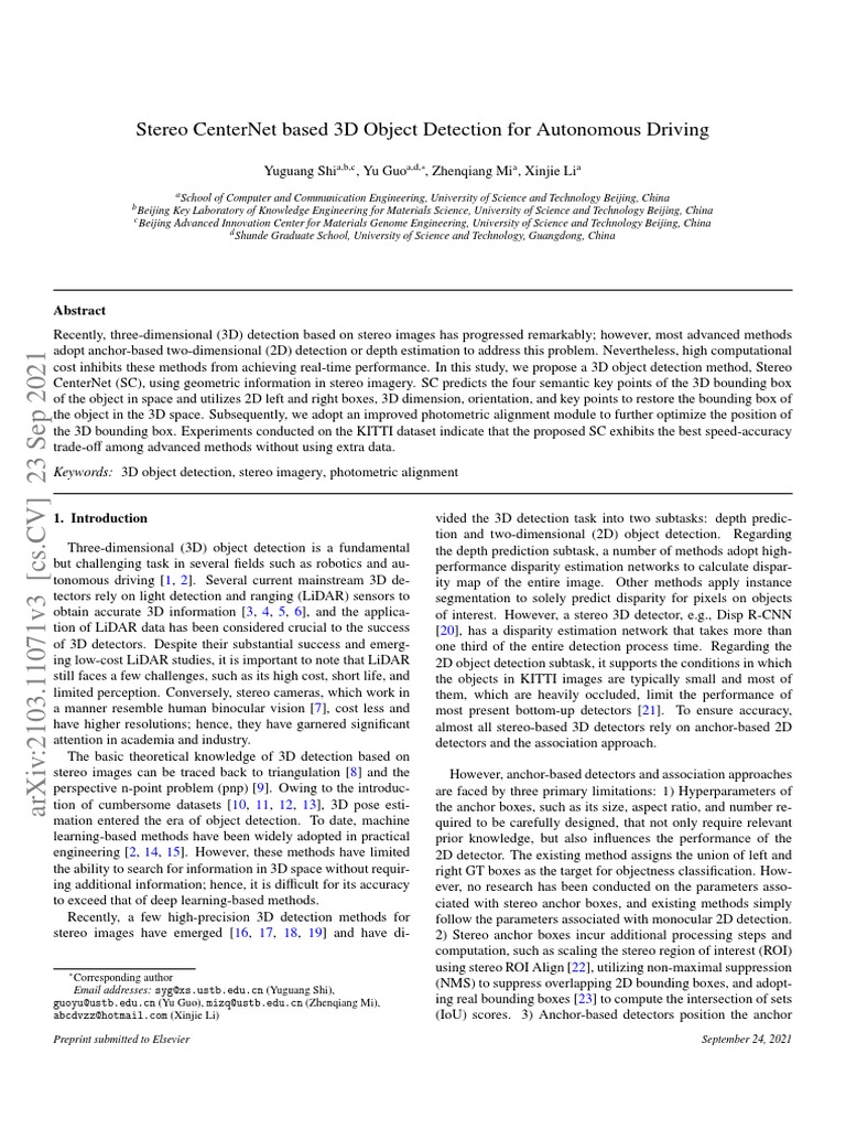 Stereo Centernet Based 3d Object Detection For Autonomous Driving Pdf Lidar Image Segmentation