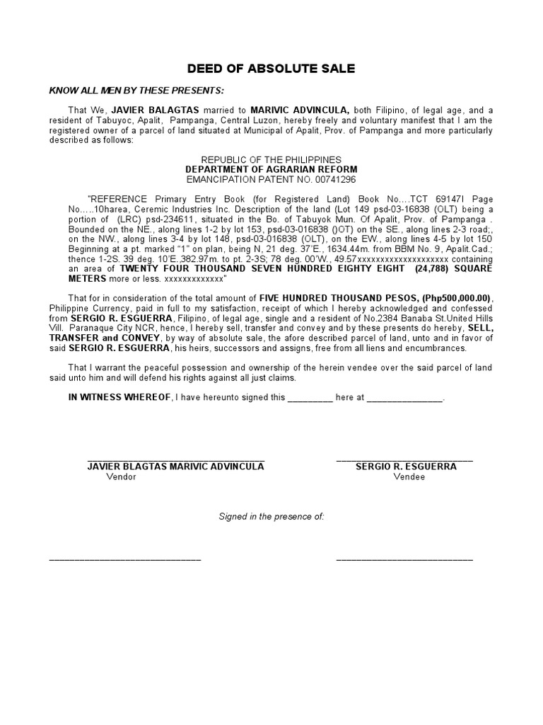 Deed of Absolute Sale Maria Manabat | PDF | Document | Real Property Law