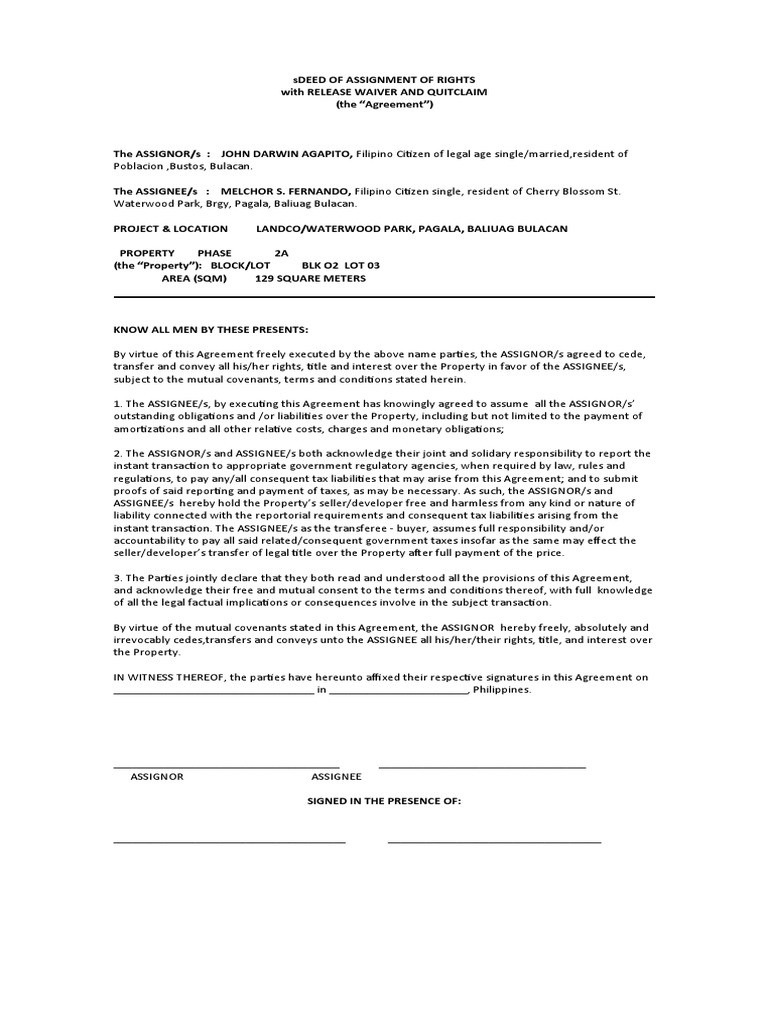 Deed of Assignment of Rights | PDF | Assignment (Law) | Law And Economics