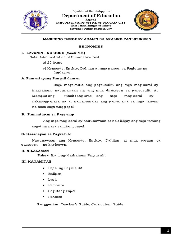 SUMMATIVE LESSON PLAN - GRADE 9 Konsepto, Epekto, Dahilan at Mga Paraan Sa Paglutas NG Implasyon ...