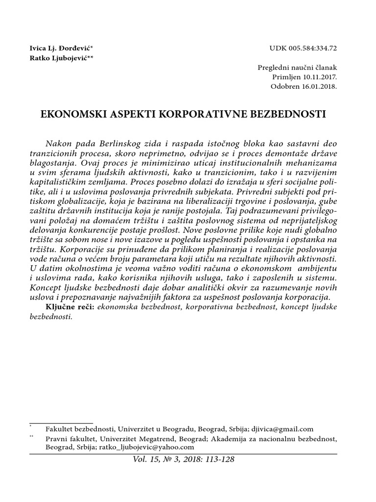 Ekonomski Aspekti Korporativne Bezbednosti | PDF