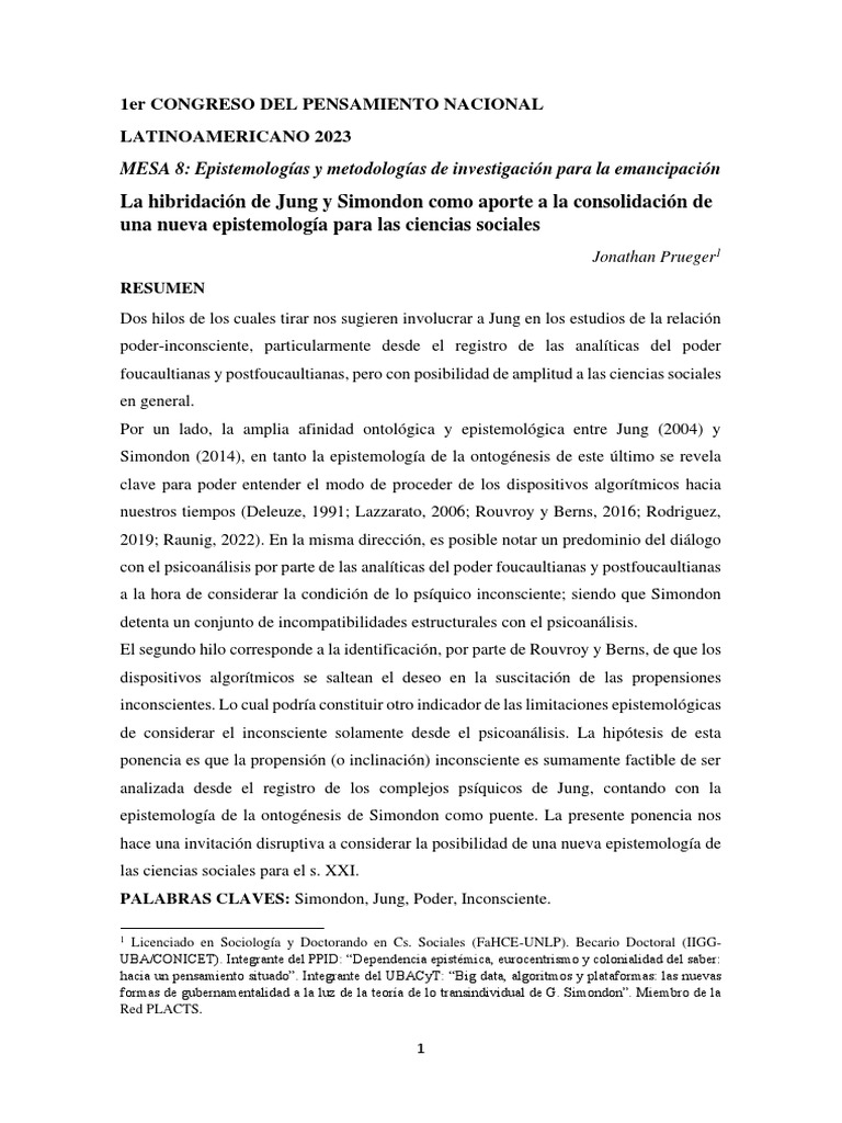 La Hibridación de Jung y Simondon Como Aporte A La Consolidación de Una Nueva Epistemología para ...