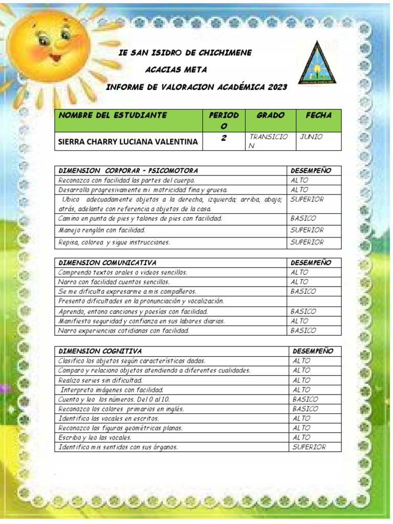 Boletin Preescolar Luciana PERIODO 2023 | PDF | Educación de la primera ...
