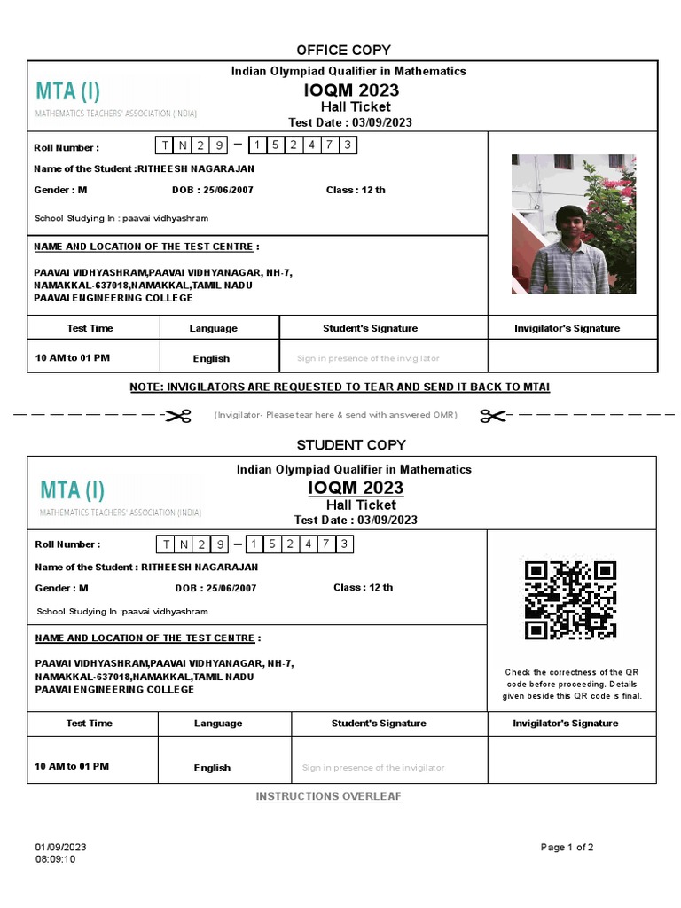 IOQM 2023 Hall Ticket for Ritheesh | PDF
