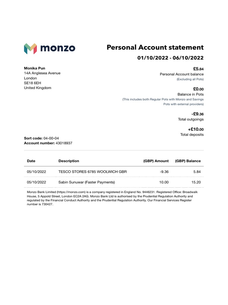 Monzo Bank Statement 2022 10 01-2022 10 06 703 | PDF