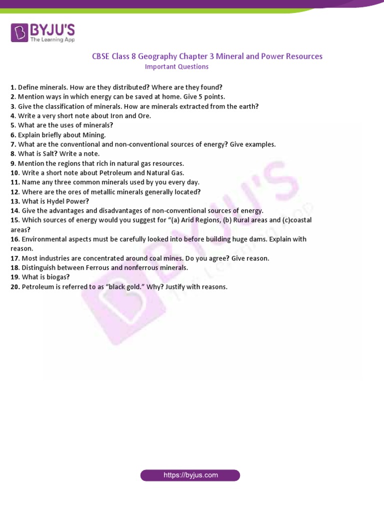 CBSE Class 8 Geography Chapter 3 Mineral and Power Resources Important Questions | PDF