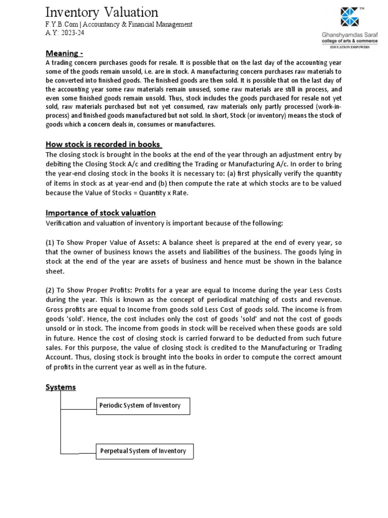 Inventory Valuation Notes 2023-24 | PDF | Inventory | Cost Of Goods Sold