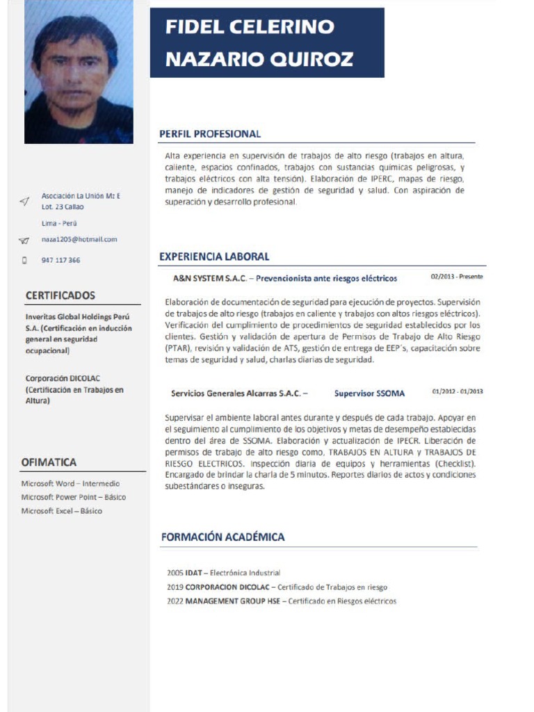 CV Prevencionista Fidel Nazario Quiroz | PDF