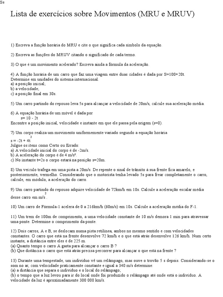 Lista de Exercícios Sobre Movimentos (MRU e MRUV) | PDF