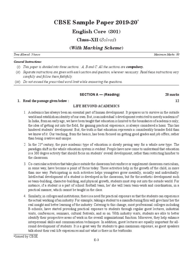 CBSE Sample Paper 2019-20: English Core | PDF | Artificial Intelligence ...